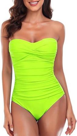 Relleciga Maillot de Bain Une pièce sans Bretelles pour Femme, Vert Fluorescent, Taille XL