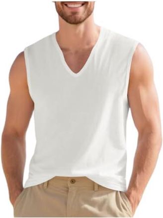 Generic D&eacute;bardeur l&eacute;ger &agrave; col en V pour homme - Uni - Respirant - Classique - Extensible - D&eacute;contract&eacute; - Basique - Sans manches - Vacances dentra&icirc;nement, Blan