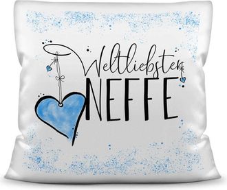 Tassendruck Familie-Kissen mit Spruch für den Weltbesten Neffe - Kissenbezug inklusive Kissen/Verwandte/Geschenk-Idee/Liebling/Kinder/Kissen Weiss Flauschig