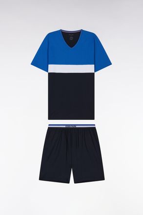 Eden Park Pyjama Court En Jersey De Coton Marine Bleu Et Blanc Short &Agrave; D&eacute;tails Ray&eacute;s