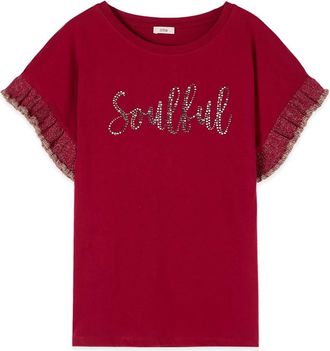 Oltre Femme, Tops, Rouge, Taille: 44 FR T-shirt en coton avec cristaux et volants