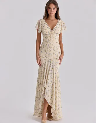House of CB Amina - Robe r&eacute;tro longue en georgette &agrave; imprim&eacute; fleurs - Jaune citron