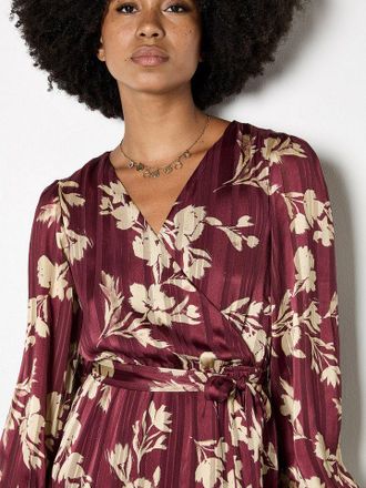 Apricot Midikleid Satinkkleid. (mit Biindeband) in Wickeldesign mit Blumenmuster