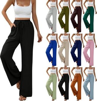 Generic Pantalon en lin pour femme - Long - D&eacute;contract&eacute; - A&eacute;r&eacute; - Jambes larges - Pantalon en lin - Taille haute - Avec cordon de serrage - Couleur unie - Avec