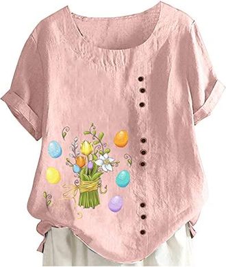 Generic Chemise &agrave; manches courtes en lin pour femme grande taille - Chemisier ample pour femme - Chemises blanches boh&egrave;me baggy chemises de sortie hauts chemi