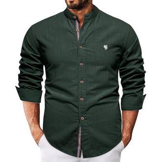 Generic Chemise formelle pour homme &agrave; manches longues en coton et lin Henley pour printemps et automne - Chemise d&eacute;contract&eacute;e &agrave; boutons - Couleur unie - Coupe