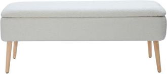 Miliboo Banc Coffre Effet Laine boucl&eacute;e Blanc et Bois Clair Massif L120 cm Lars