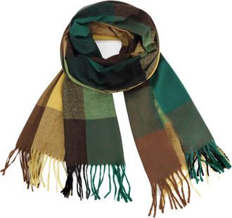 Glamexx24 Damen Winter Kariert Schal, Strickset Schal &uuml;bergro&szlig;er Quadratisch Deckenschal Halstuch Streifen Muster Fransen Ponch, Schwarz-Braun-Gruen