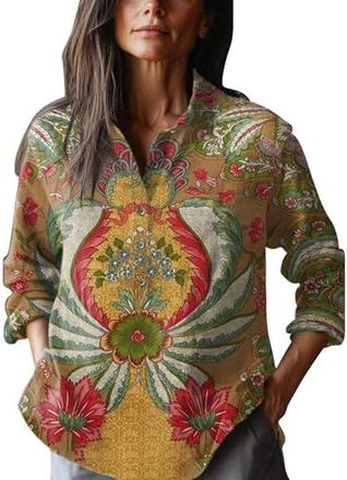 Generico Femme Chemise D&eacute;contract&eacute;e &agrave; Manches Longues Chemisier en Lin Coton Curvy Respirant T Shirt Col en V L&eacute;ger Blouse Vintage Imprim&eacute; Boutons Mode Chemise