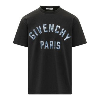 Givenchy T-Shirt aus Baumwolle mit Paris Pompom-Stickerei - - Tops - Herren - Schwarzk - S
