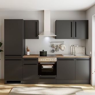 Casa home24 K&uuml;chenzeile III 280cm Schwarz/Matt Schwarz mit Elektroger&auml;ten