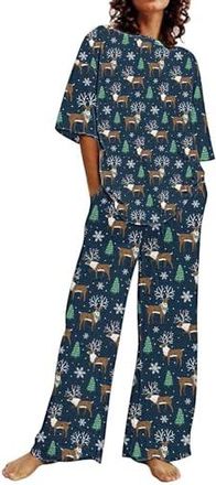Generic HUIFUAO Ensemble de pyjama de Noël pour femme - Imprimé sapin de Noël amusant - Père Noël - Bonhomme de neige - Tenue 2 pièces - Haut à manches longue