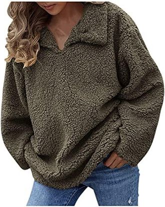 Generic 2026 Vestes pour femmes, pull-over molletonn&eacute;, sweat-shirt &agrave; manches longues, style d&eacute;contract&eacute; &agrave; revers, vert militaire, S