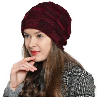 DonDon Mütze Damen Wintermütze Slouch Beanie Strickmütze mit warmen Fleece Innenfutter dunkelrot schwarz