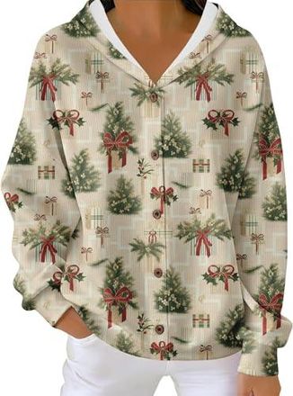 Generic Sweat à capuche de Noël pour femme avec boutons et col en V - Cardigan à manches longues - Imprimé amusant - Pull à capuche décontracté pour les vacan