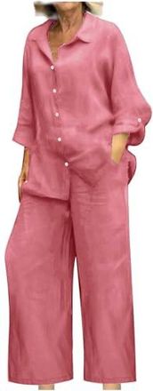 Generic Ensemble 2 pi&egrave;ces en lin pour femme 2024, chemises amples &agrave; manches longues, jambes larges, pantalon assorti, tenues de vacances grande taille, combin