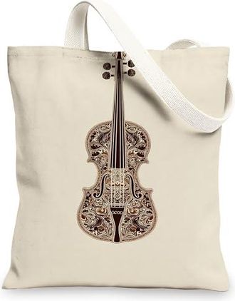 Generic Sacs fourre-tout en toile pour violon orné, design artistique vintage de musique, sacs à provisions réutilisables, légers et lavables avec bandoulière
