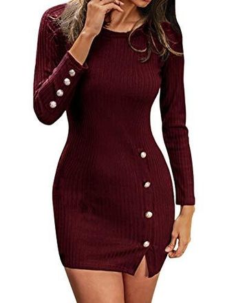 Minetom Femme Chic Casual Mini Robe Courte Sexy Manches Longues Bouton Tunique Blouse Chemise Pull Moulante Bodycon Soirée Dress (40, Bourgogne)