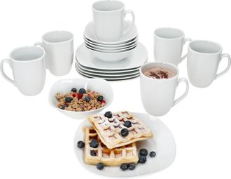 MamboCat Lotta 18tlg Frühstücksset I weißes Porzellan-Geschirr für Frühstücks- & Kaffeezeit I Je 6X Teller, Schale 250ml & Kaffeebecher 300ml für 6 Personen