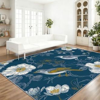Generic Tapis 140 x 200 cm Lignes Florales Et doiseaux Simples Doux Moelleux Robuste Facile &agrave; Nettoyer Moderne pour Chambre Couloir, Bleu Blanc