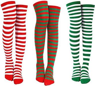 Generic Lot de 3 paires de chaussettes ray&eacute;es pour femme - Tricot&eacute; &eacute;lastique au-dessus du genou - Costume dHalloween et de No&euml;l, Rose, taille unique