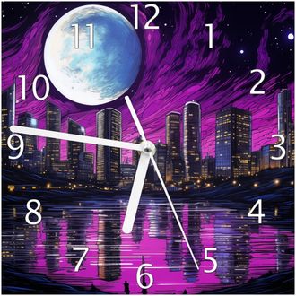 Wallario Design-Wanduhr Mond über der Stadt aus Glas, Motiv-Uhr Größe 20 x 20 cm, weiße Zeiger