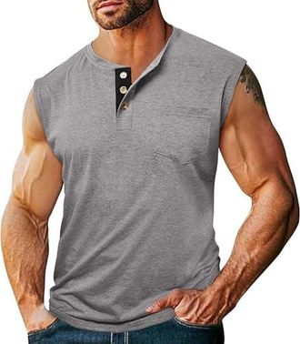 Generic T-shirts sans manches pour hommes, d&eacute;bardeur Henley avec boutonni&egrave;re, d&eacute;bardeur l&eacute;ger et doux avec col en V et poche, col montant d&eacute;contract&eacute;, t-shirt