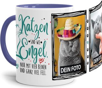 Tassendruck Tasse mit Spruch - Katzen sind wie Engel - zum Selbst gestalten mit Zwei Fotos - Geschenkidee für Katzenliebhaber, Innen & Henkel Cambridge Blau, 300 