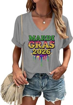 Generic T-shirt Mardi Gras pour femme, col en V - T-shirt d&eacute;contract&eacute; &agrave; manches courtes pour carnaval, v&ecirc;tements d&eacute;t&eacute; - pour les loisirs et les voyages, gris 