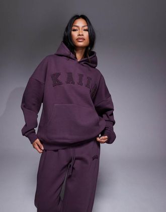 KAIIA Sweat à capuche densemble oversize riche en coton avec logo brodé - Violet profond-Rouge