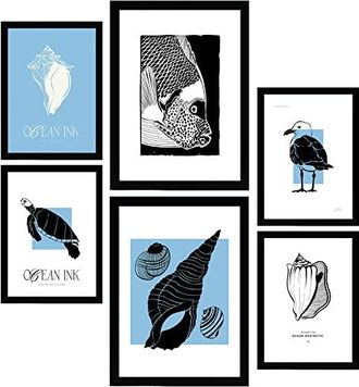 Nacnic Ensemble de 6 affiches &agrave; lencre noire. Coquillages. Impressions artistiques de la mer et de loc&eacute;an pour lam&eacute;nagement int&eacute;rieur et la d&eacute;coration. A3 et