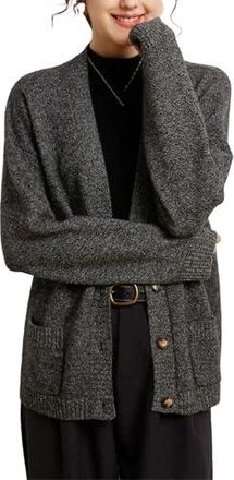 Generic Cardigan &agrave; col en V pour femme 100 % cachemire pull ample en tricot r&eacute;tro poches v&ecirc;tements dext&eacute;rieur, Gris AB, Taille Unique