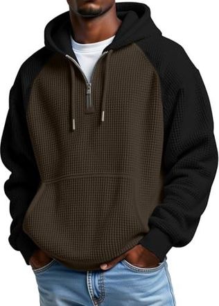 Generic Sweat &agrave; capuche pour homme - Motif gaufr&eacute; - Manches longues - Avec fermeture &eacute;clair 1/4 - Confortable - Pull en tricot d&eacute;contract&eacute; - Printemps - Autom