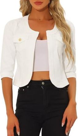 Allegra K Veste en Jean pour Femme Sans Col à Manches 3/4 Devant Ouvert Blouson en Demin Délavé Blanc XL