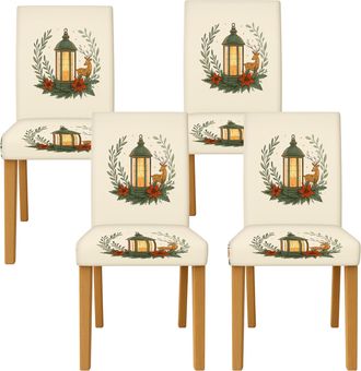 Generic Sitzbez&uuml;ge mit Laternen- und Hirsch-Design, dehnbar, waschbar, Spandex-Schonbez&uuml;ge, gem&uuml;tliche, dekorative Stuhlschoner f&uuml;r Zuhause, Esszimmer, 4 St&uuml;c