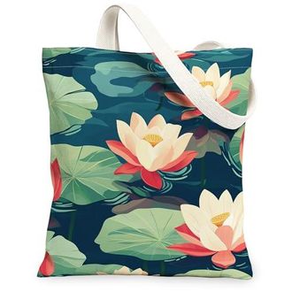 Generic Sac fourre-tout en toile de fleurs de lotus printani&egrave;res pour le shopping, 33 x 38,1 cm, motif abstrait amusant, feuilles de lotus, sac d&eacute;picerie r&eacute;ut