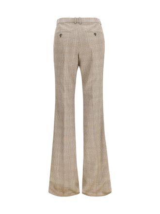 Saint Laurent Womens Prince Of Wales Houndstooth Wool Flared Pants Beige Marron Marine Fleece Ovis Aries Trousers