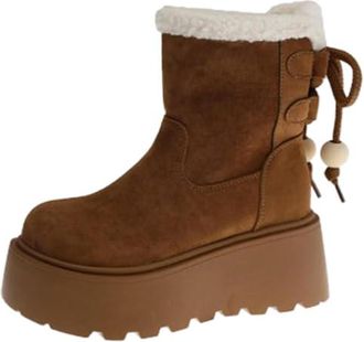 Generic JJDFW Bottes de neige dhiver pour femme Couleur kaki Bout rond Chaussures en coton doux et chaud Fond &eacute;pais Talons hauts 7 cm Femme Courte Peluche, Ka