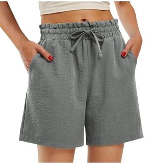 Generic Short en lin pour femme - Taille haute &eacute;lastique - D&eacute;contract&eacute; avec poches - Pantalon de d&eacute;tente pour femme, gris, XXL