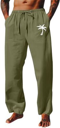 Generic Pantalon d&eacute;t&eacute; en lin respirant pour homme - Pantalon de plage blanc - Coupe ajust&eacute;e - Taille &eacute;lastique - Pantalon de jogging pour homme - Pantalon de 