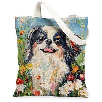 Generic Sac fourre-tout en toile motif chien japonais de printemps pour faire du shopping, 33 x 38,1 cm, sac d&eacute;picerie r&eacute;utilisable pour femme, sac d&eacute;picerie 