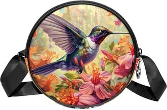 Generic Petit sac &agrave; bandouli&egrave;re rond pour femme, motif colibri floral avec fermeture &eacute;clair, bretelles r&eacute;glables, sac &agrave; main rond d&eacute;contract&eacute; pour femmes et f