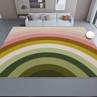 Generic Tapis de Salon Lavable - Antid&eacute;rapant &agrave; Poils Courts Doux Chambre Poil Ras Tapis R&eacute;tro Tendance Rayures Color&eacute;es, Rose pour Salle &agrave; Manger Chambre den