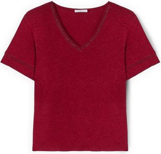 Motivi Femme, Tops, Rouge, Taille: 40 FR T-shirt en lin m&eacute;lang&eacute; avec bordure dor&eacute;e