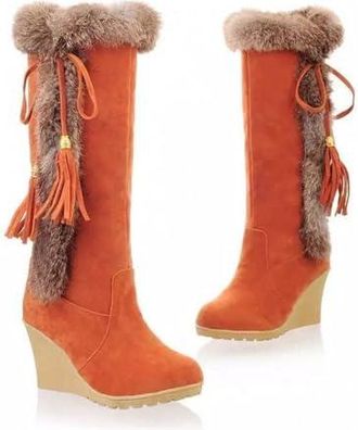 Generic Bottes de neige dhiver pelucheuses à talons hauts pour femmes - Tendance et décontractée - Pompons - Large mollet en fourrure - Pour femmes et filles 