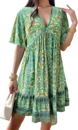 Onsoyours Femme Robe Été Imprimé Florale Robe De Plage Élégant Casual Swing Manches Courtes Chic Tunique Boho Robe Grande Taille B01 Vert L
