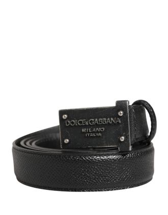 Dolce & Gabbana Men Black Calf Leather Logo Metal Buckle Belt Caiman