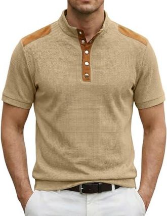 Generic DENGJIAMY Polo gaufr&eacute; pour homme, t-shirt patchwork &agrave; manches courtes et col tendance, t-shirt vintage d&eacute;contract&eacute; pour homme, t-shirts classiques &agrave; b