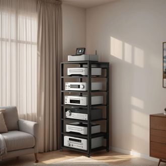 Generic 7-stufiges Audio-Komponenten-Rack, AV-Ger&auml;teschrank mit verstellbaren Holzregalen und um 360&deg; feststellbaren Rollen, for Gaming-/Aufnahmer&auml;ume, Zuhaus