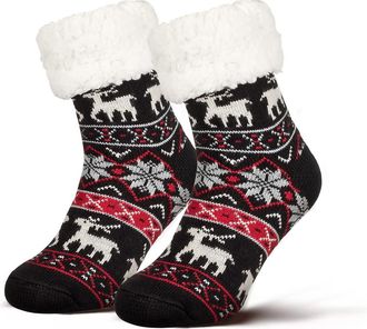 Piarini 1 Paar Kuschelsocken ABS Sohle warme Damen Socken Hüttensocken Wintersocken Anti Rutsch Noppen Deer-Schwarz (One-Size)